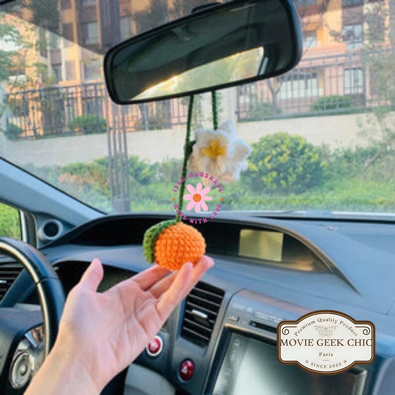 Orange and Flower Car Charm Crochet | Handmade Citrus Mirror Hanging ...