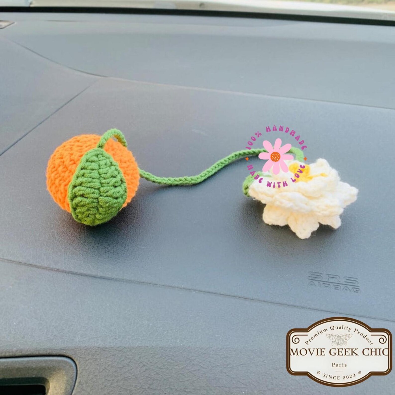 Orange and Flower Car Charm Crochet | Handmade Citrus Mirror Hanging ...