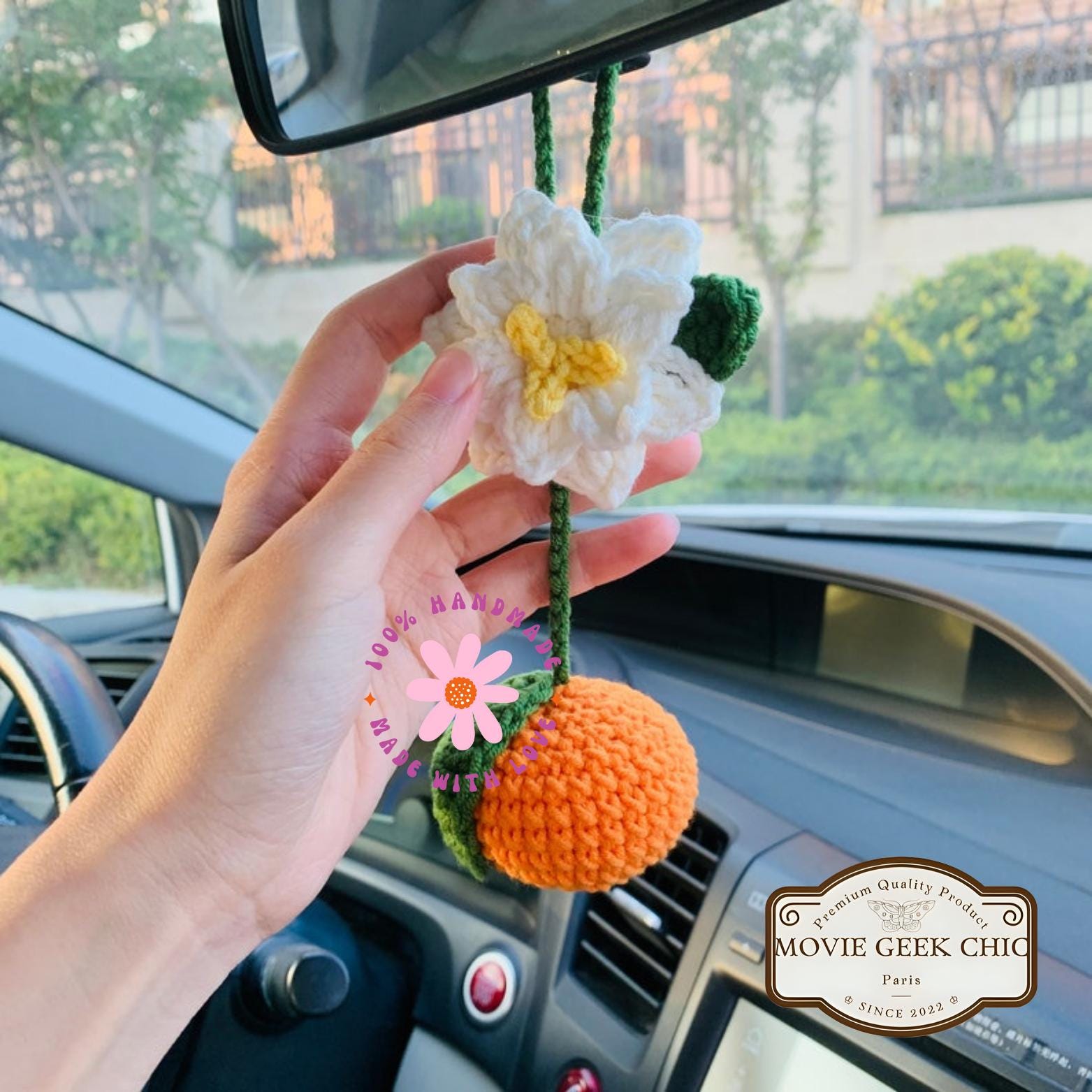 Orange and Flower Car Charm Crochet | Handmade Citrus Mirror Hanging ...