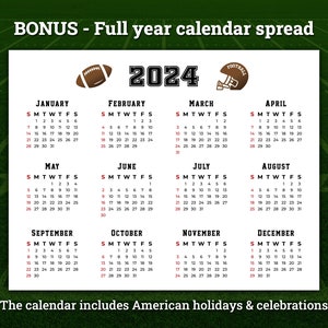 Football Monthly Calendar Planner 2024 BONUS Full Year Spread Instant ...