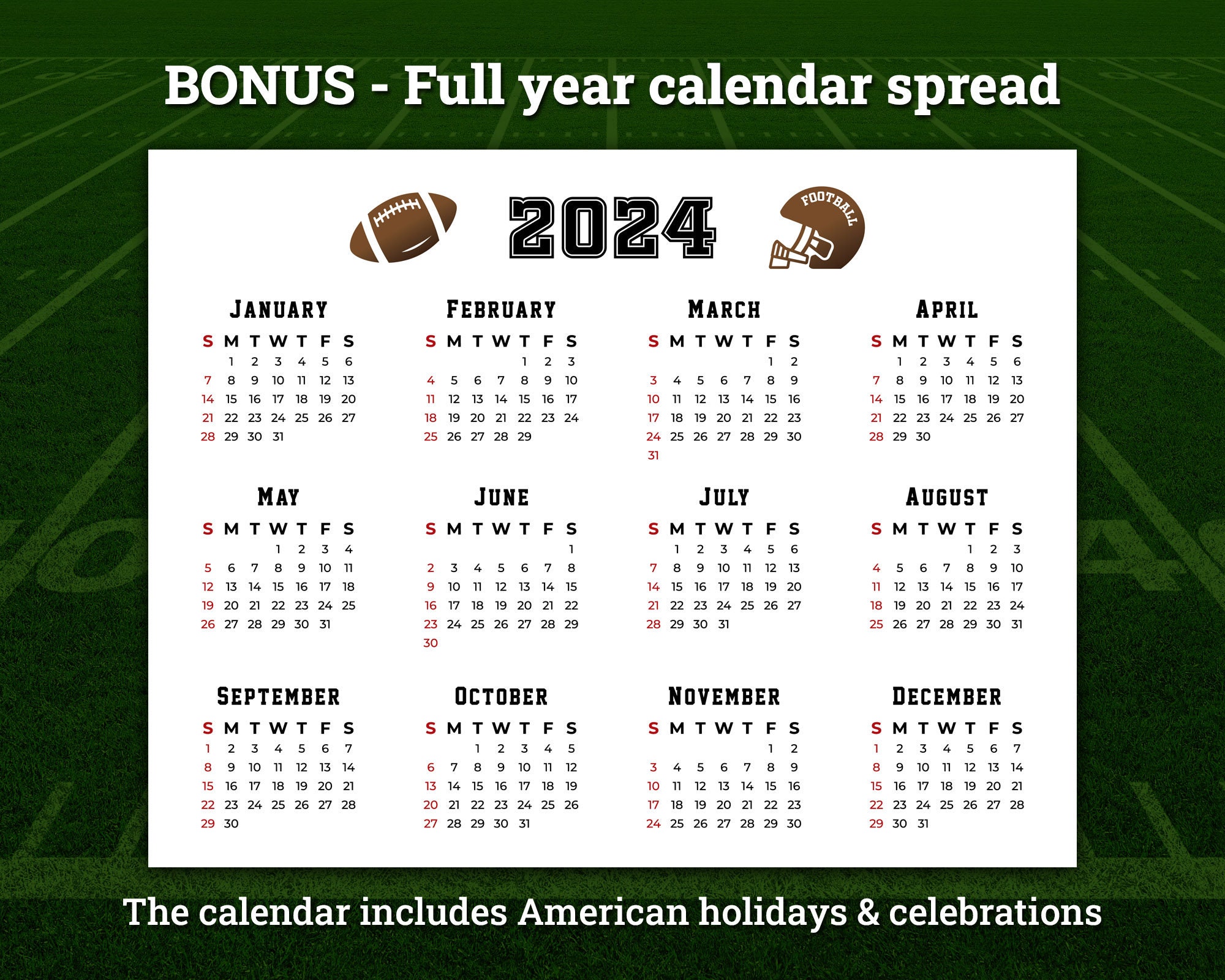 Football Monthly Calendar Planner 2024 BONUS Full Year Spread Instant ...