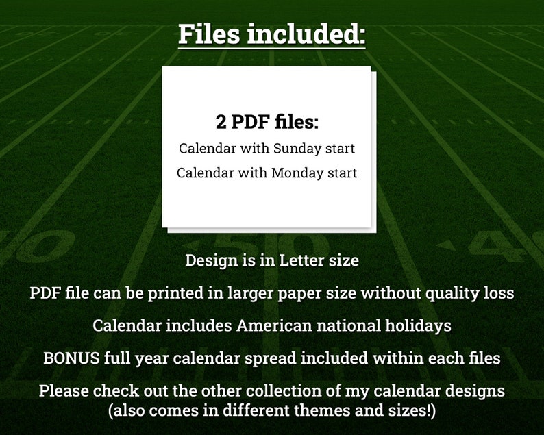 Football Monthly Calendar Planner 2024 BONUS Full Year Spread Instant ...
