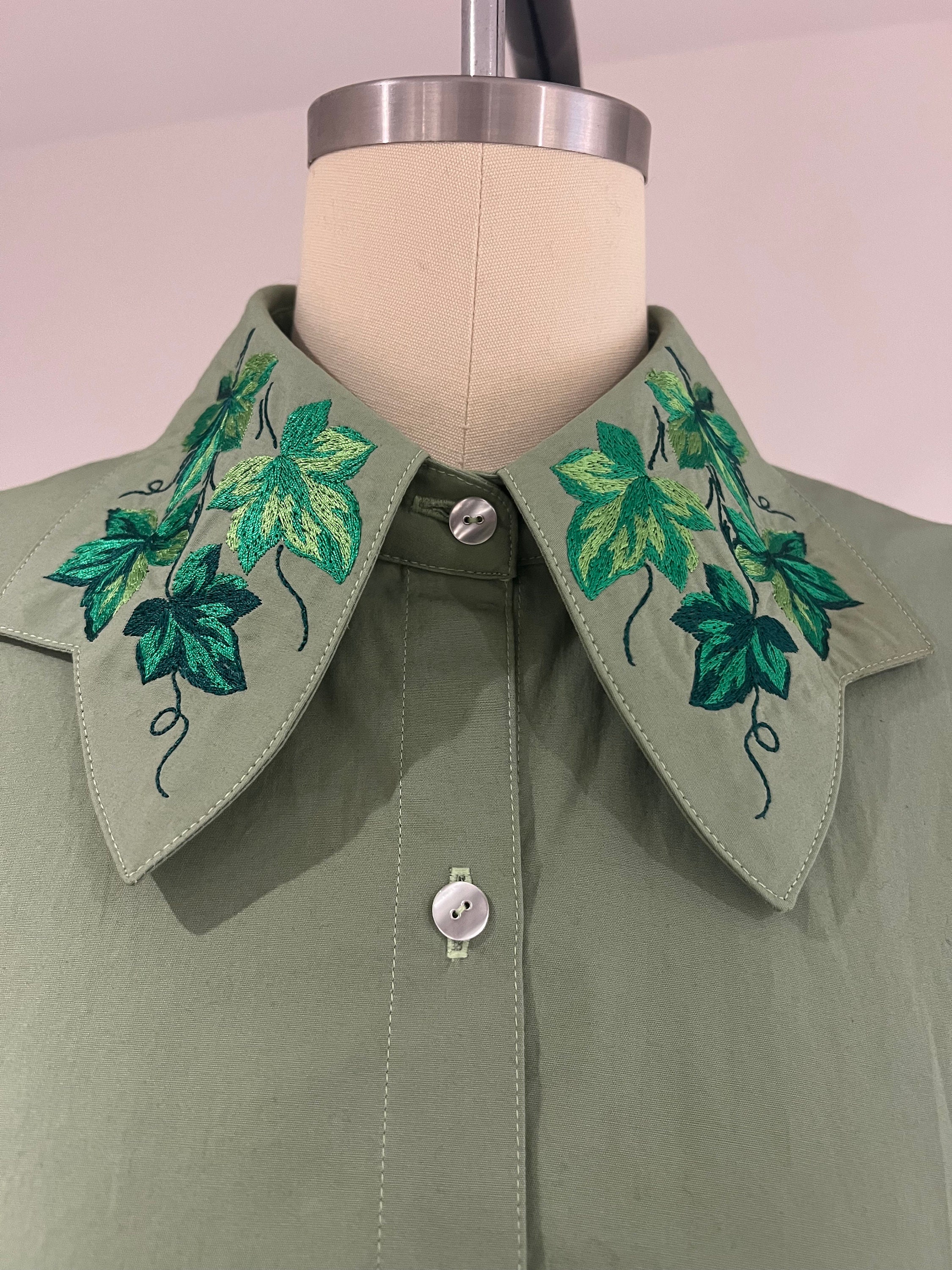 Embroidered Ivy Leaf Collar - Green Fake Shirt - 100% Cotton - Fits ...