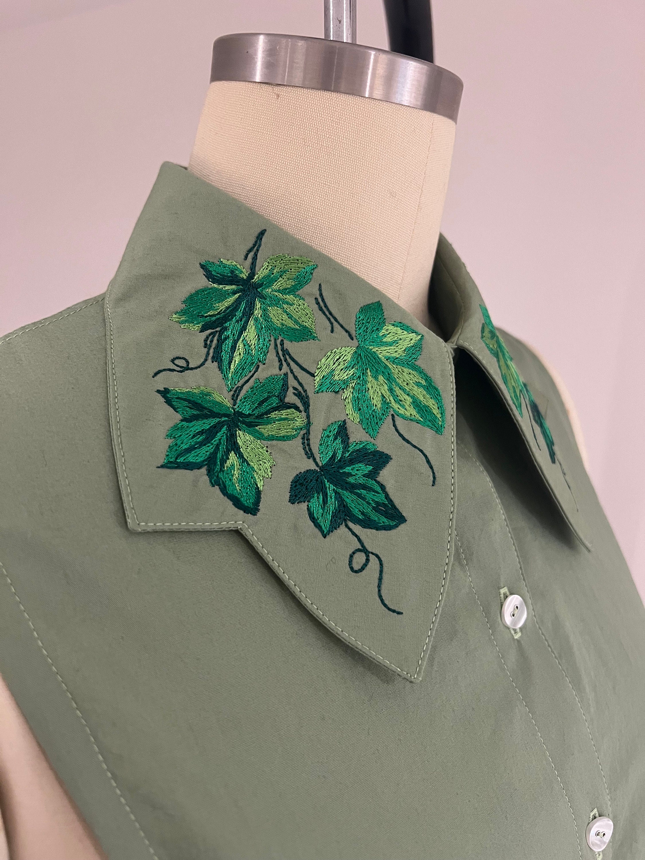 Embroidered Ivy Leaf Collar - Green Fake Shirt - 100% Cotton - Fits ...
