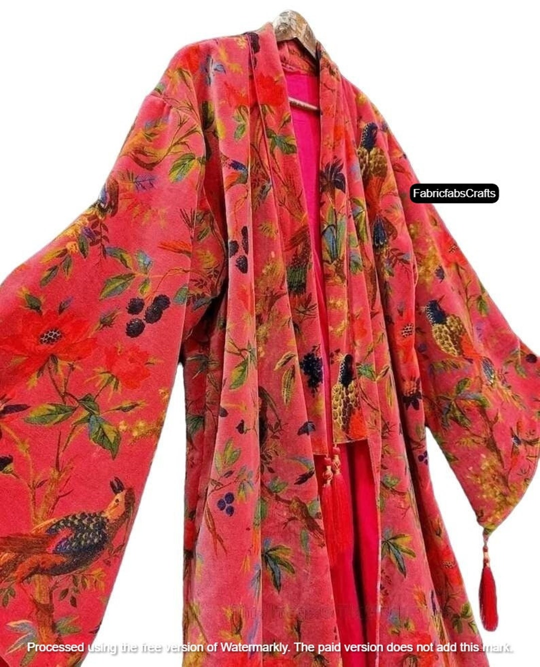 OFMD Pink Bird Velvet Banyan Fabric Kimono Cotton Velvet Robe Long ...