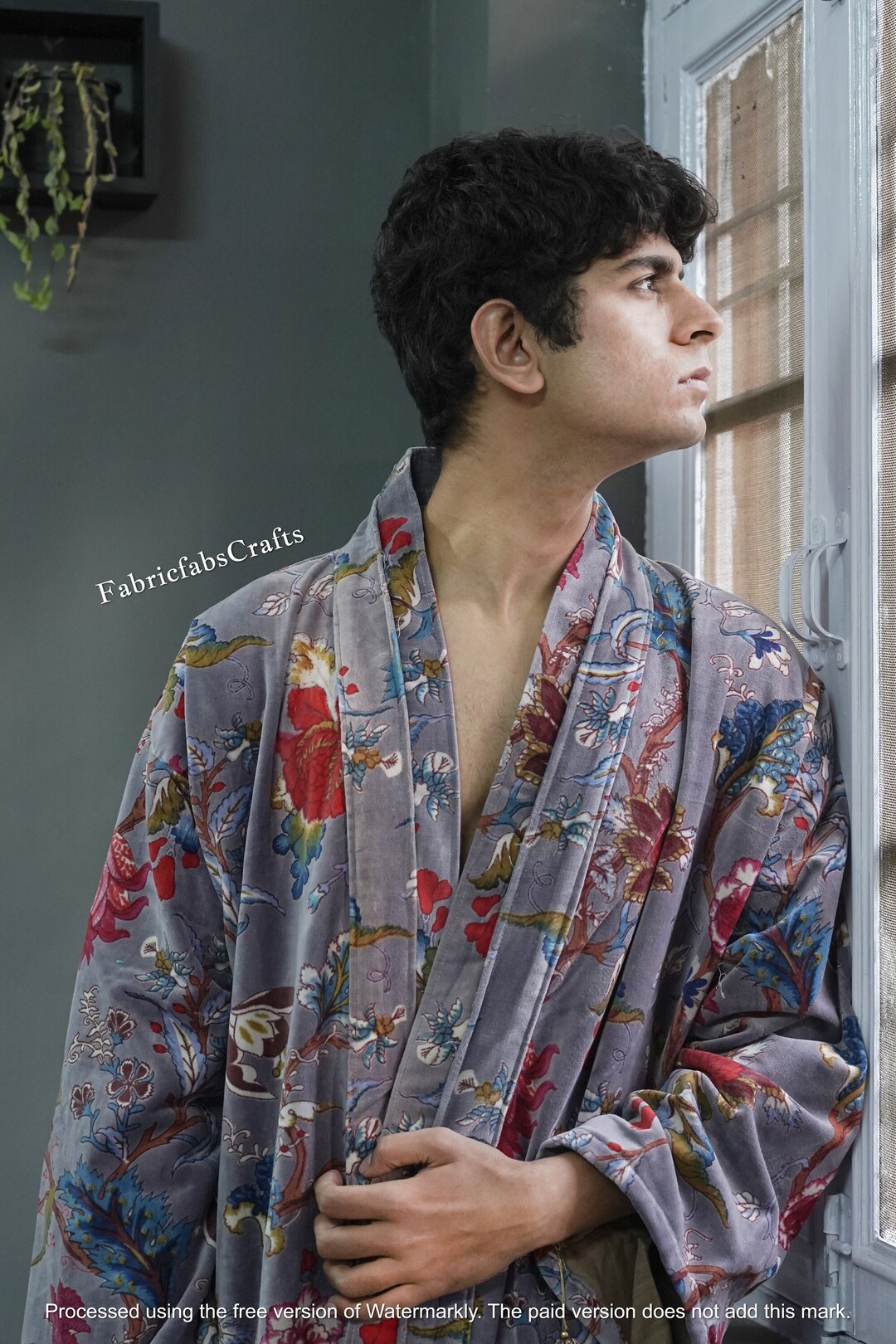 OFMD Gullen Print Velvet Banyan Fabric Kimono Cotton Velvet Robe Long ...