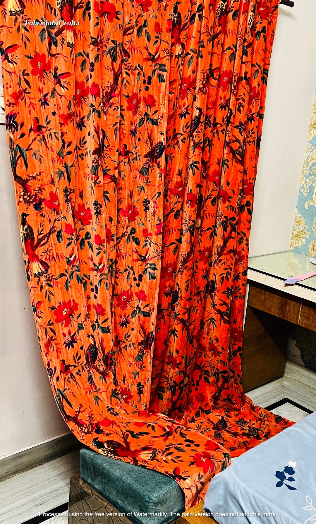 Vintage Cotton Velvet Coral Orange Color Bird Print Luxury Curtain ...