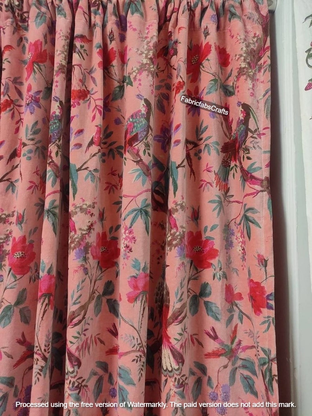 Vintage Cotton Velvet Peach Pink Color Bird Print Luxury Curtain, Boho ...