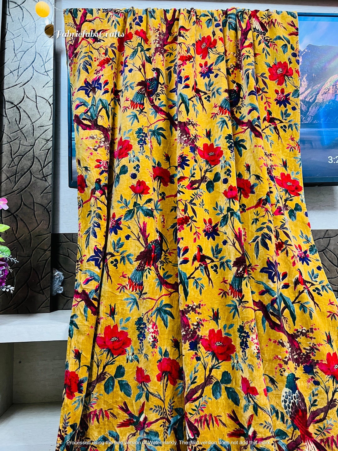Vintage Cotton Velvet Mustrad Color Bird Print Luxury Curtain, Boho ...
