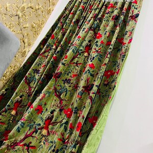 Vintage Cotton Velvet Olive Green Bird Print Luxury Curtain, Boho ...