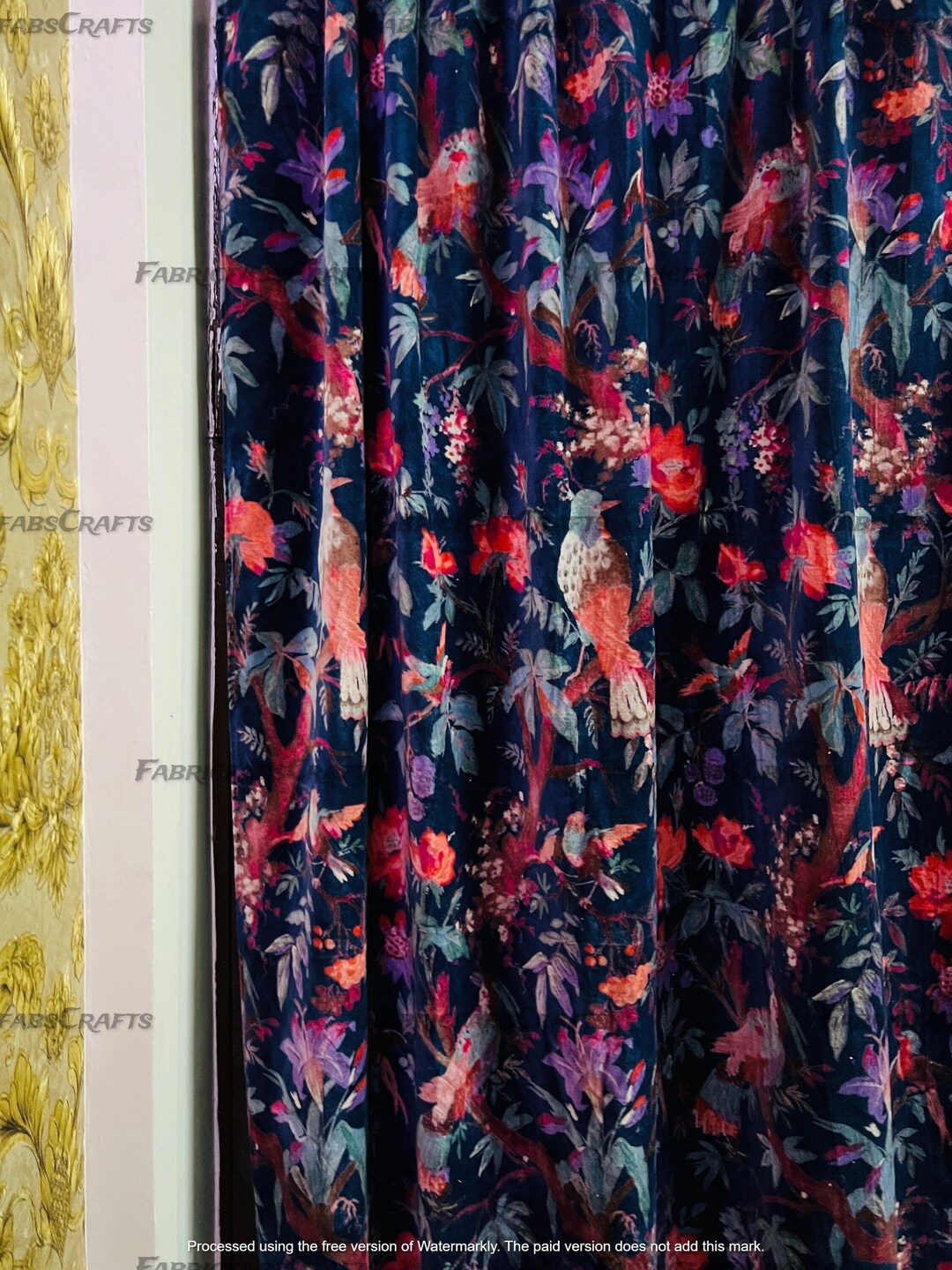 Vintage Cotton Velvet Blue Color Bird Print Luxury Curtain, Boho ...