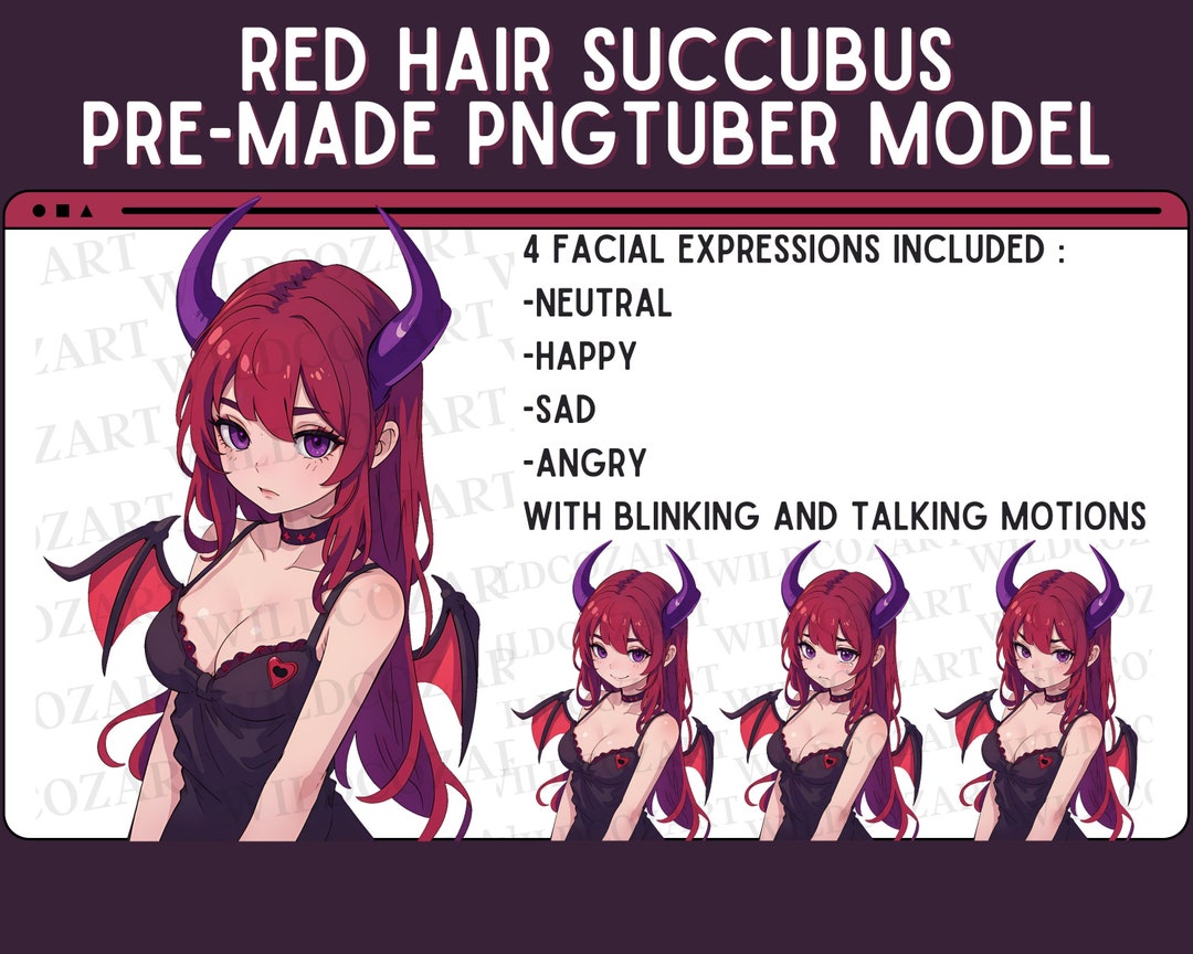 Red Hair SUCCUBUS PNGTUBER, Ready to Use Pngtuber, 4 Expressions, Neutral, Angry, Sad, Happy ...