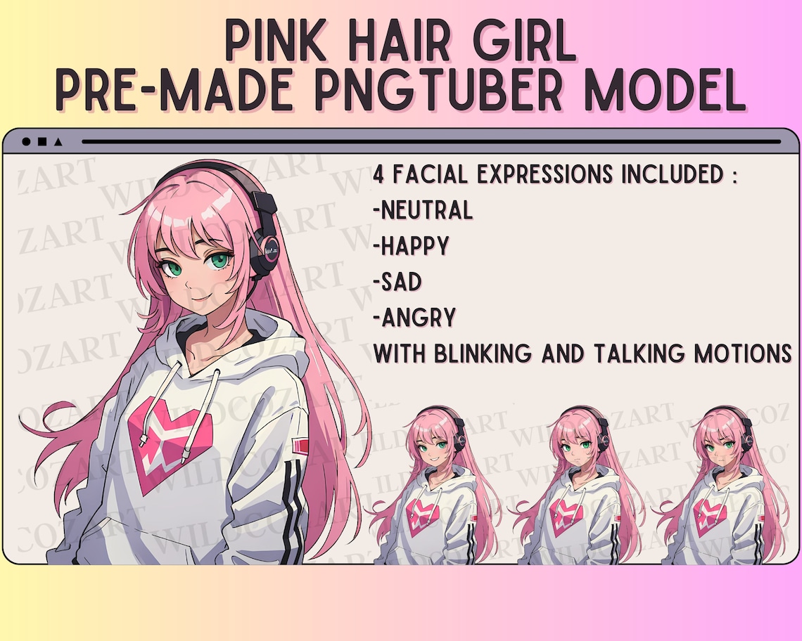 Pink Hair Gamer Girl PNGTUBER - Ready to Use Pngtuber, 4 Facial ...