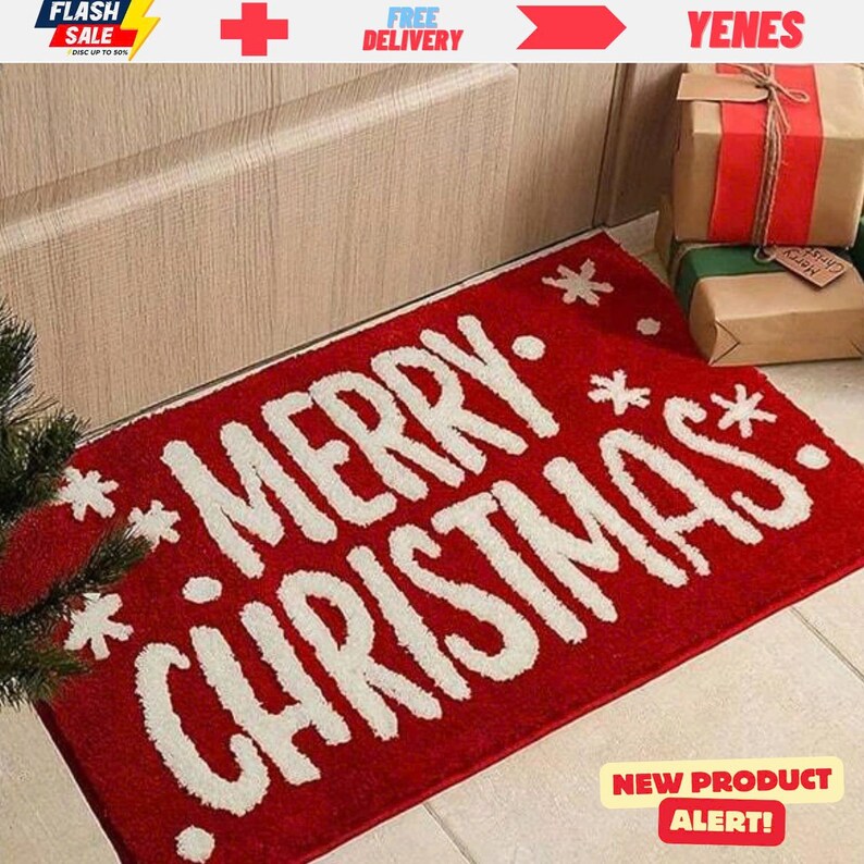 Cute Plush Red Merry Christmas Bathroom Mat, Soft Foot Mat and Door Mat ...