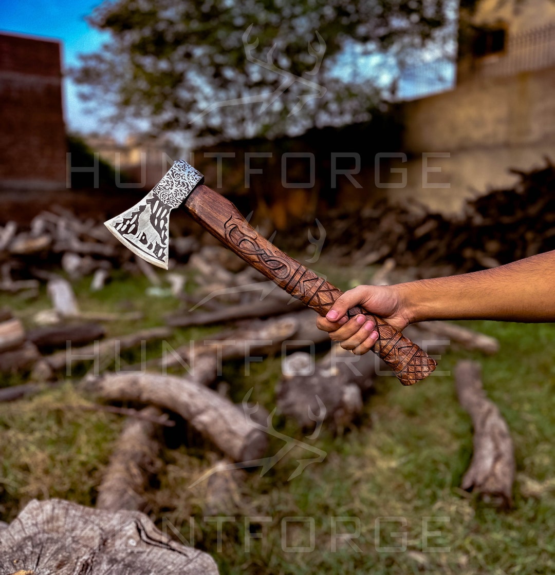 VIKING AXE With Rose Wood Shaft Viking Forged Axe Throwing Axe Outdoor ...