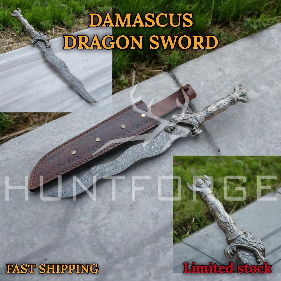 Handmade Damascus Steel Dragon Sword With Leather Sheath Beautiful Gift ...