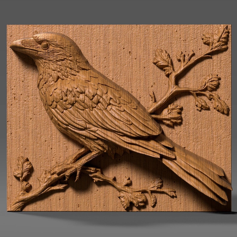 Crow Wood Carving: 3D Raven Relief for CNC, Laser Engraving (digital ...