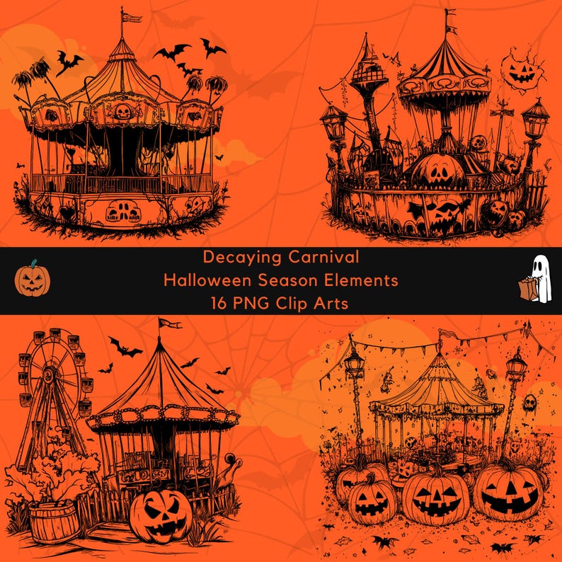 Decaying Carnival Halloween SVG Clipart Black Line Art 16 PNG 4k ...