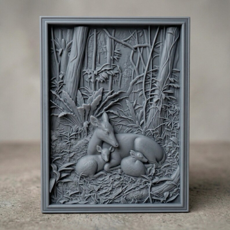 Deer Family Forest 3D Relief STL Model | Woodland Wildlife Wall Art ...
