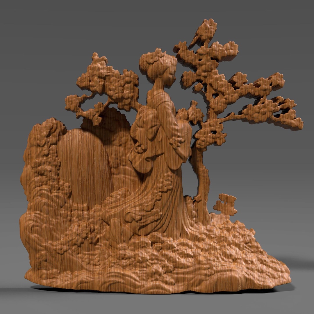 Cherry Blossom Geisha 3D STL | Sakura CNC Wood Carving Art | Japanese ...