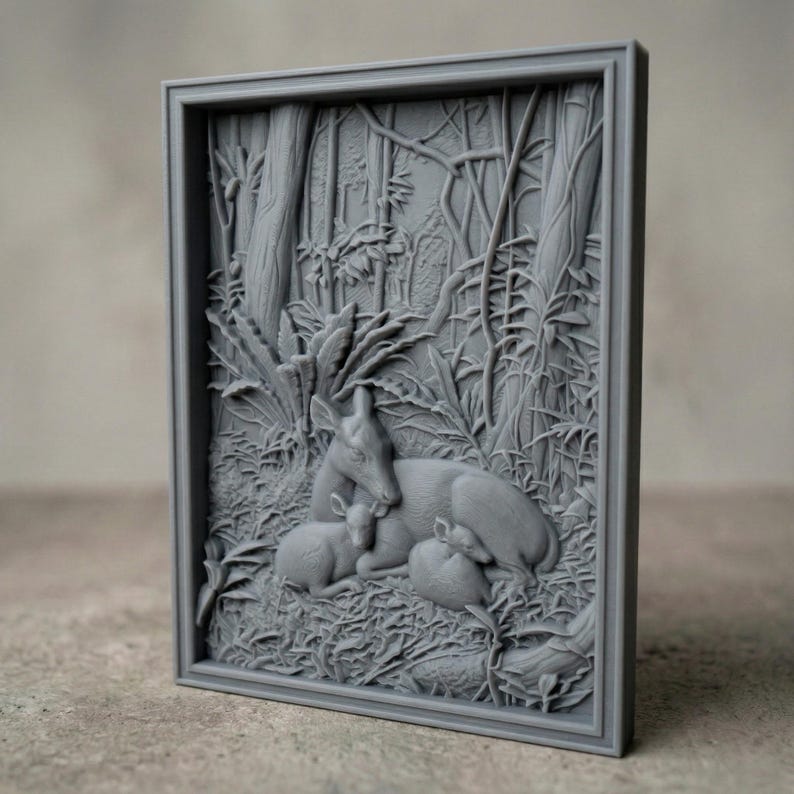 Deer Family Forest 3D Relief STL Model | Woodland Wildlife Wall Art ...