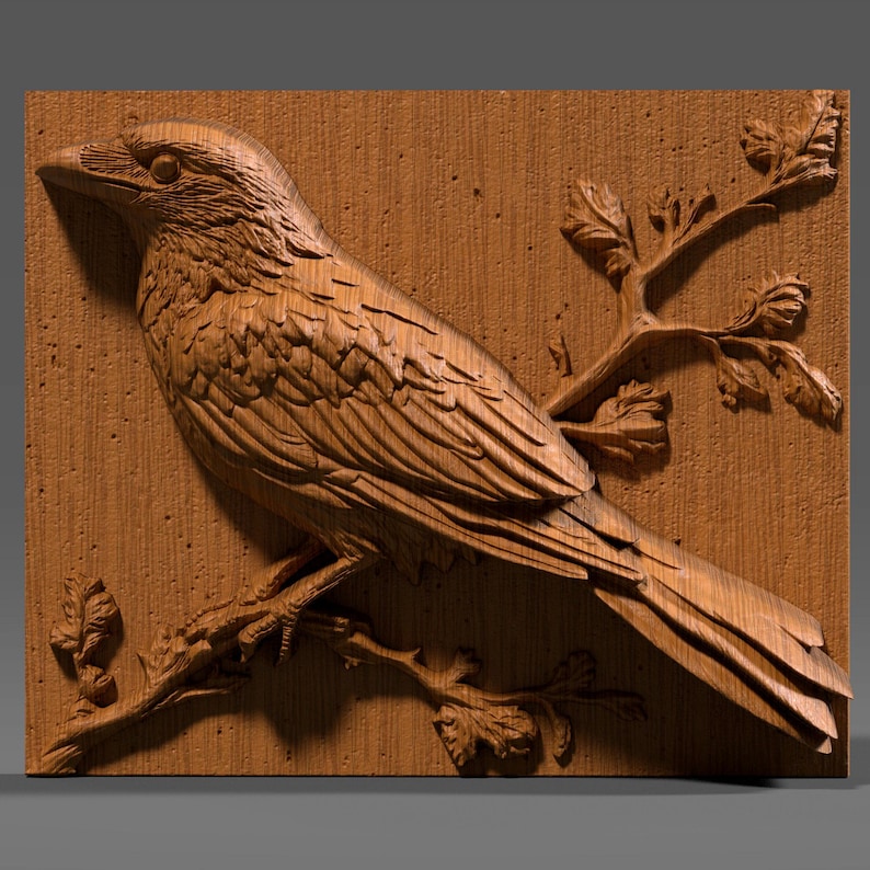 Crow Wood Carving: 3D Raven Relief for CNC, Laser Engraving (digital ...