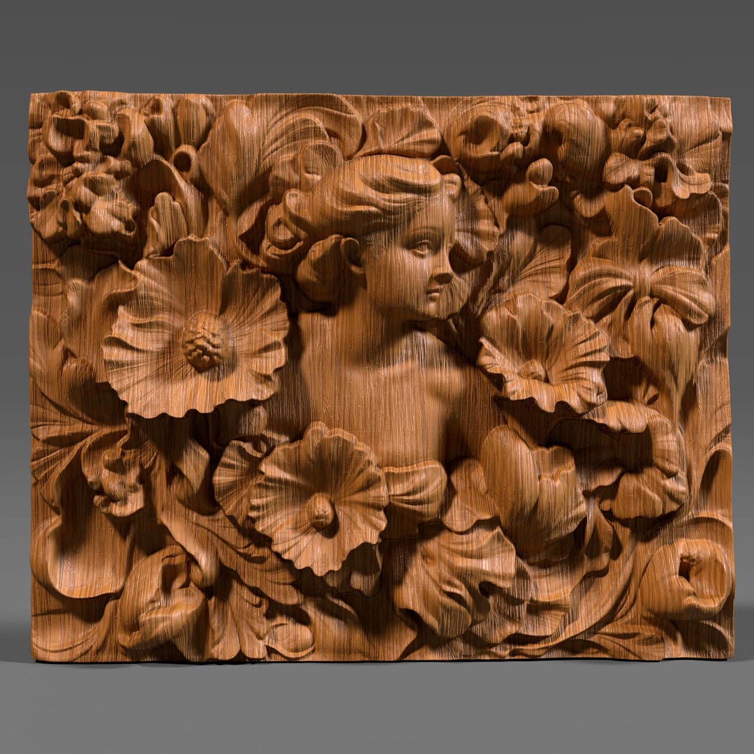 Woman Floral Bas Relief STL File: Art Nouveau CNC Carving Model ...
