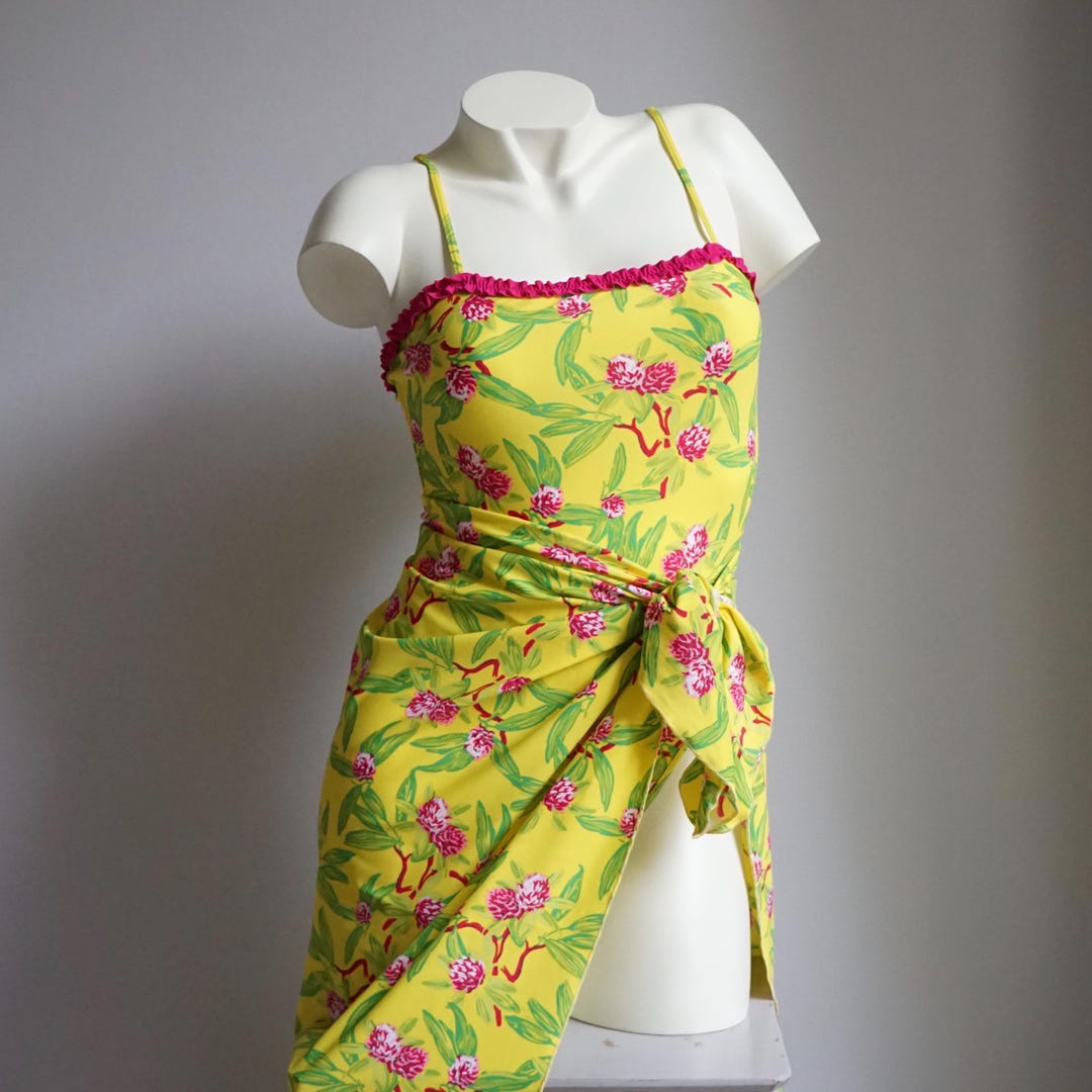 00s Y2k Yellow Pink Floral Two Piece Sarong Swimsuit Set / Vintage ...