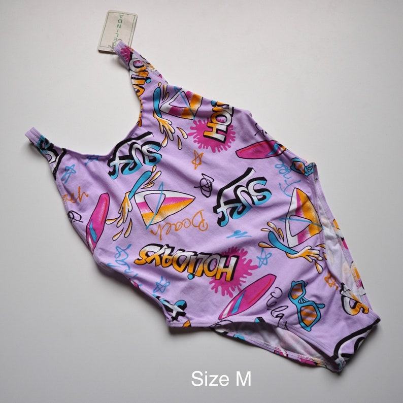 80s Lilac Cotton Surfing Print High Cut Bathingsuit / Vintage Deadstock ...