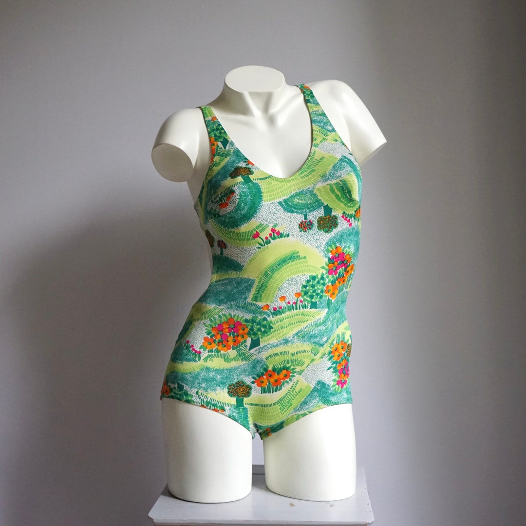 70s Green Nature Print Open Back Low Cut Bathingsuit / Retro Vintage ...