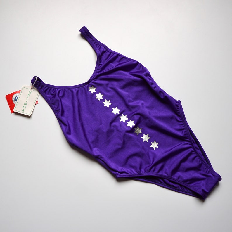 80s Purple Silver Stars Print One Piece Bathingsuit Vintage Deadstock