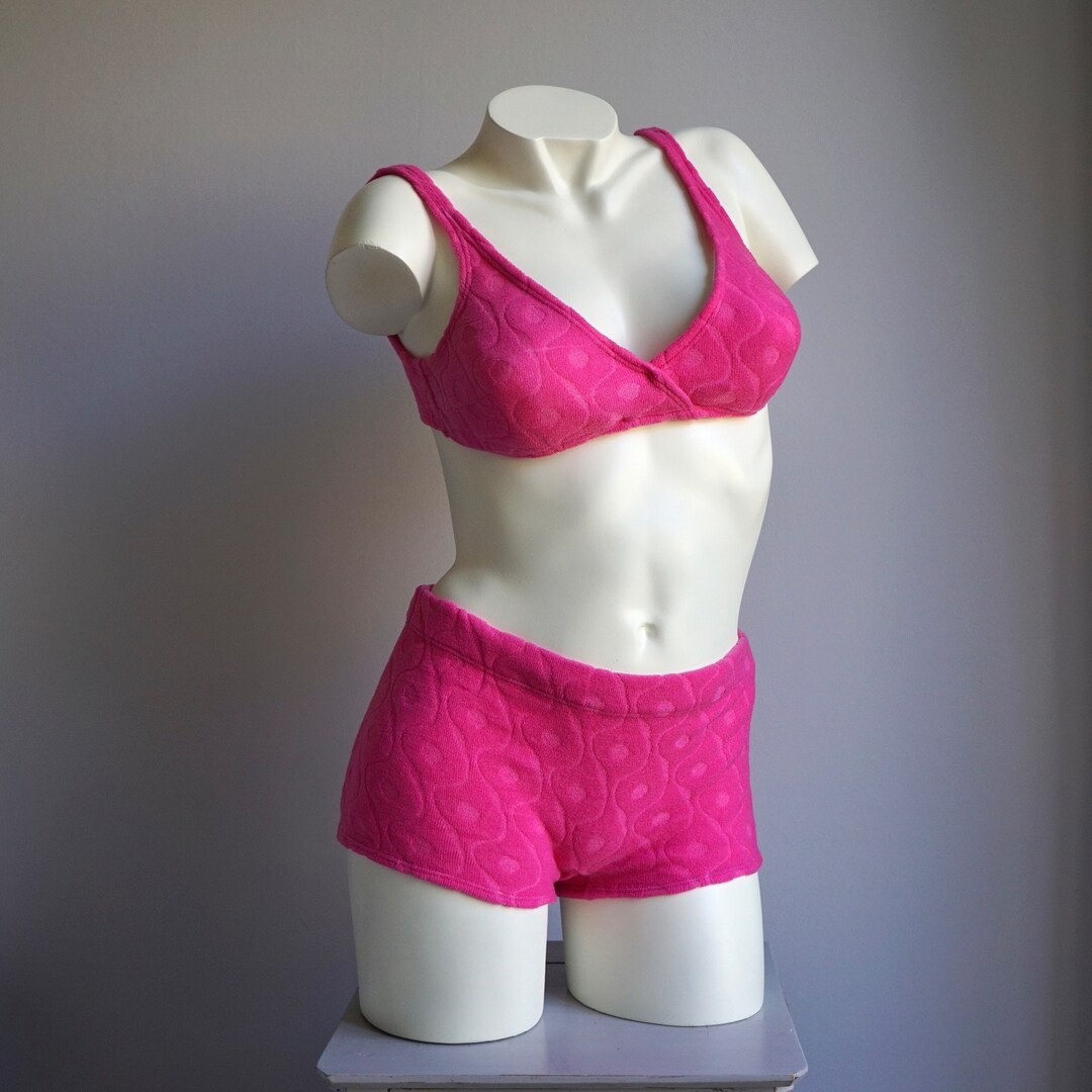 70s Mod Terry Cloth Hot Pink Bikini Set / Retro Vintage Deadstock Shell Bullet Bra High Waist ...