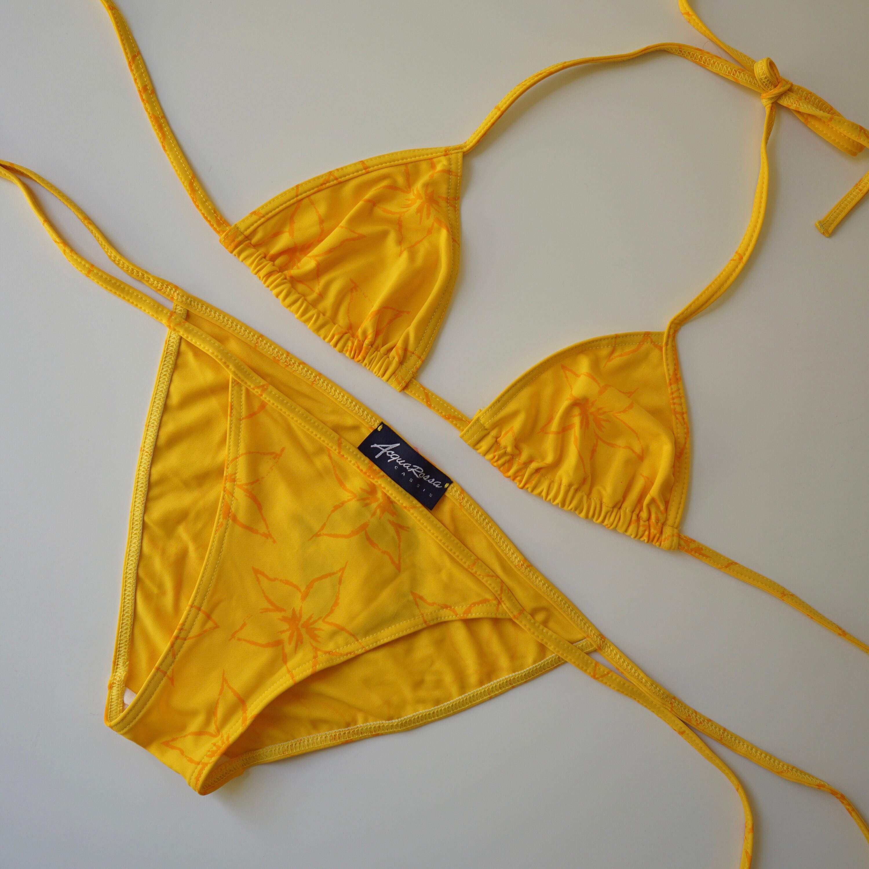 00s Y2k Golden Yellow Floral Print String Tie Triangle Bikini Set ...