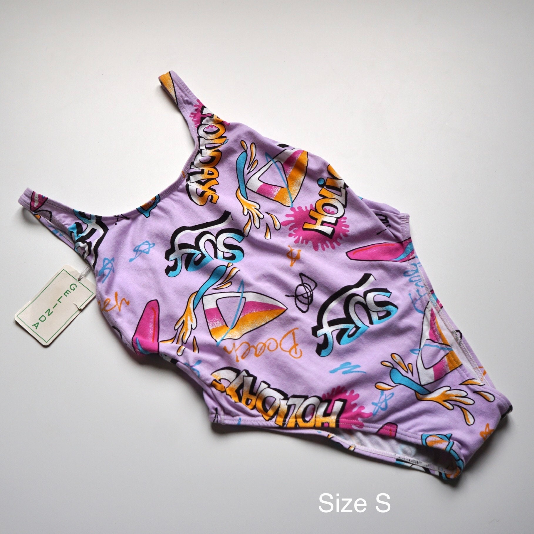 80s Lilac Cotton Surfing Print High Cut Bathingsuit / Vintage Deadstock ...