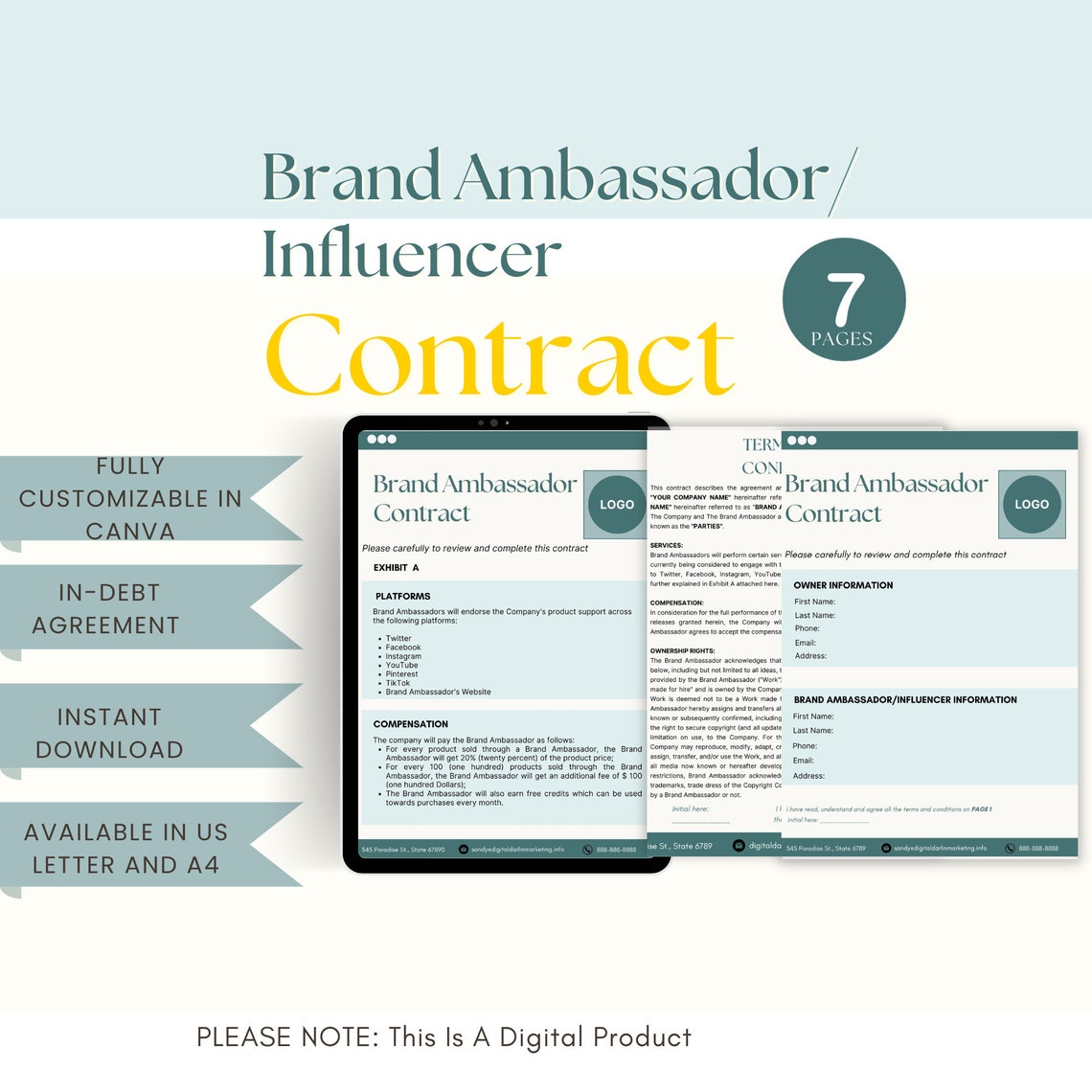 Editable Brand Ambassador Contract Template Social Media Influencer ...