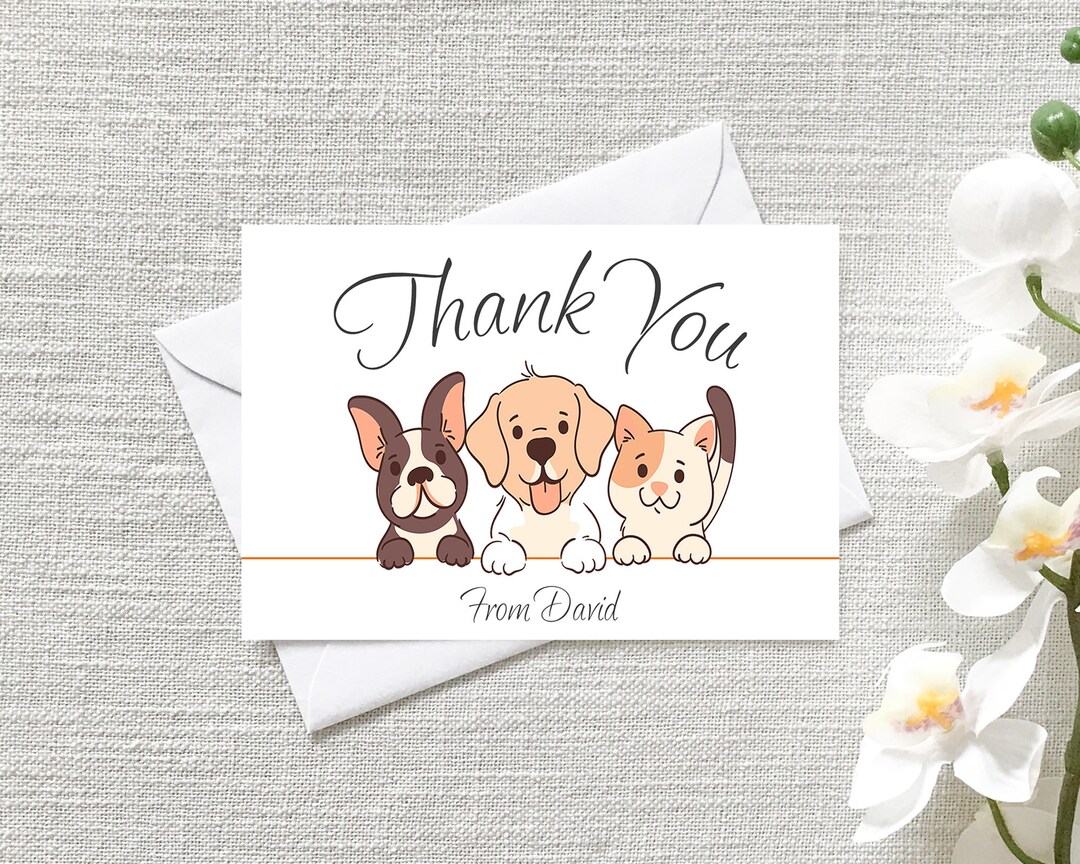 Pack of 12 Personalised Thank You Pet Dog & Cat Note Cards With White ...