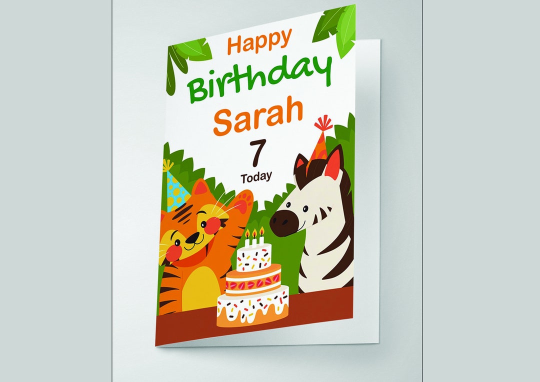 Personalized Jungle Safari Birthday Card With Tiger and Zebra - Glossy ...