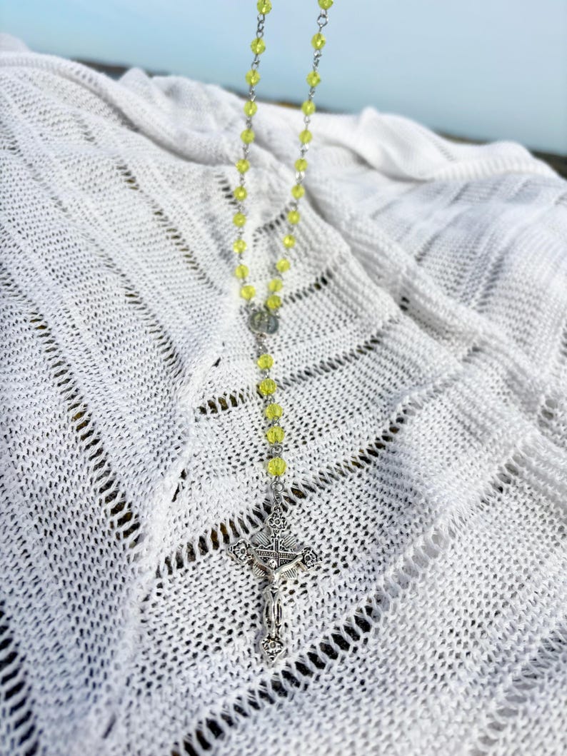 Lemon Yellow Crystallised Rosary Beads With Miraculous Medal of Mary ...