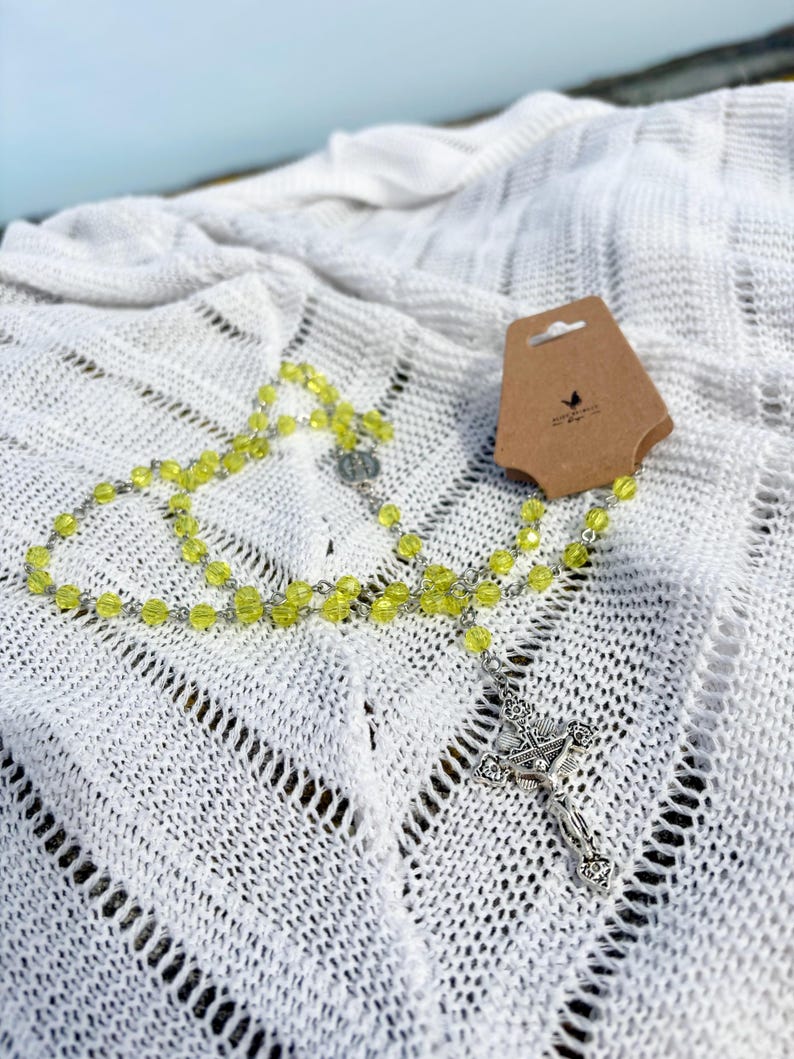 Lemon Yellow Crystallised Rosary Beads With Miraculous Medal of Mary ...