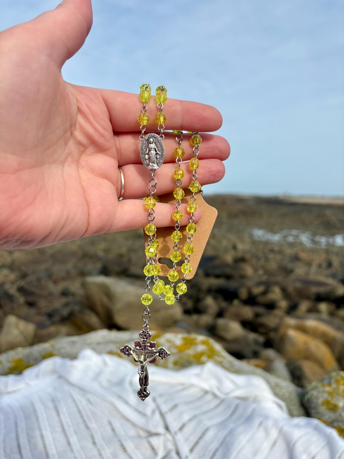 Lemon Yellow Crystallised Rosary Beads With Miraculous Medal of Mary ...
