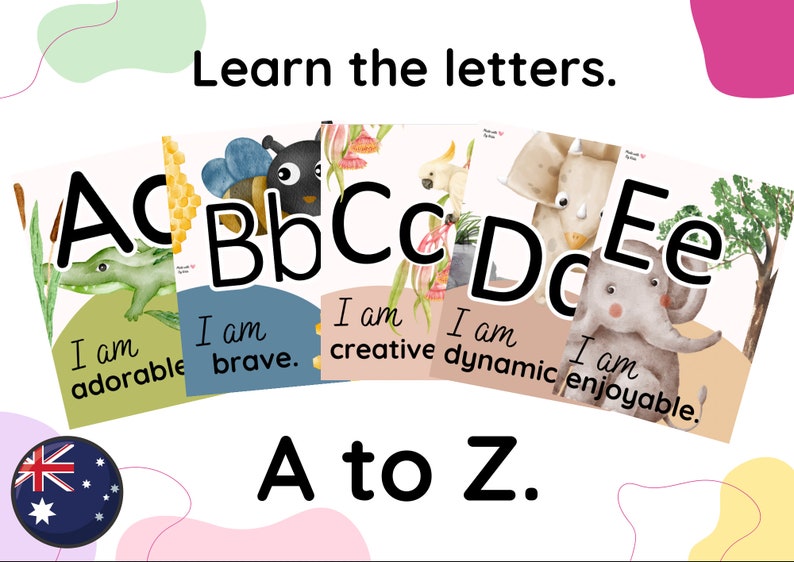 Printable Alphabet A4 Format 26 Letters, Animals and Positive Words ...