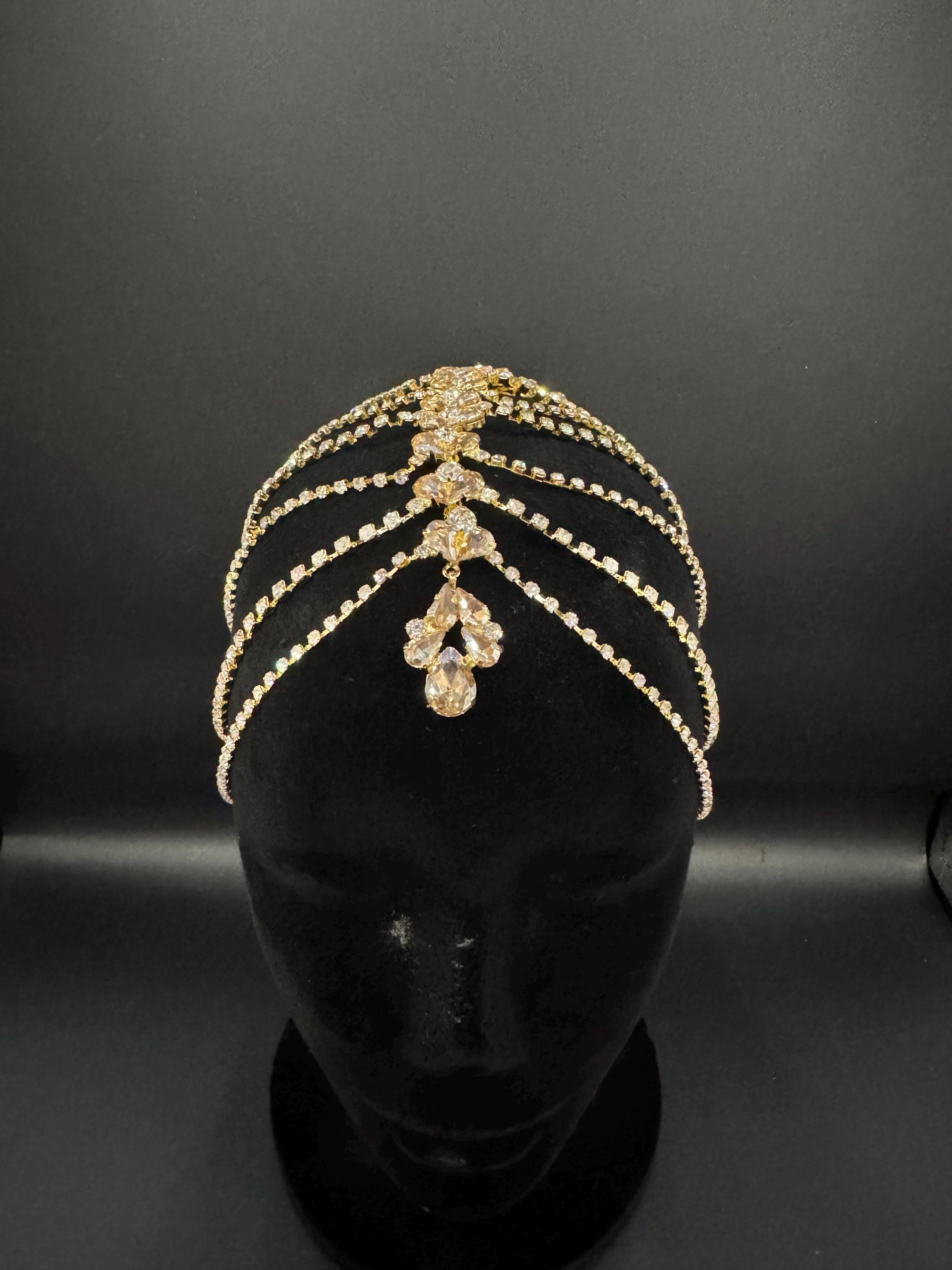 Gold Crystal Forehead Tiara – Vintage Bridal Headpiece, Rhinestone Head ...