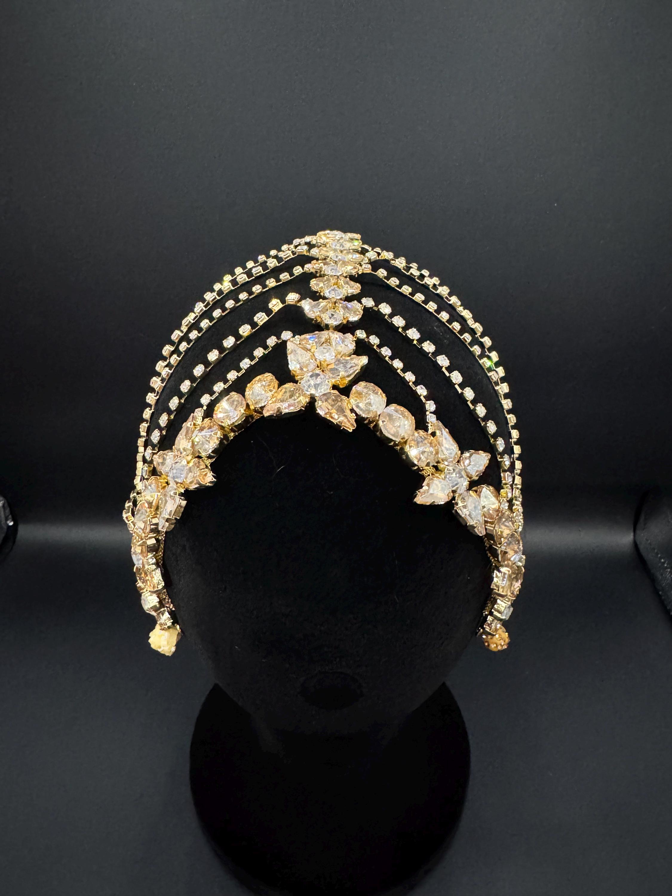Gold Crystal Forehead Tiara – Vintage Bridal Headpiece, Rhinestone Head ...