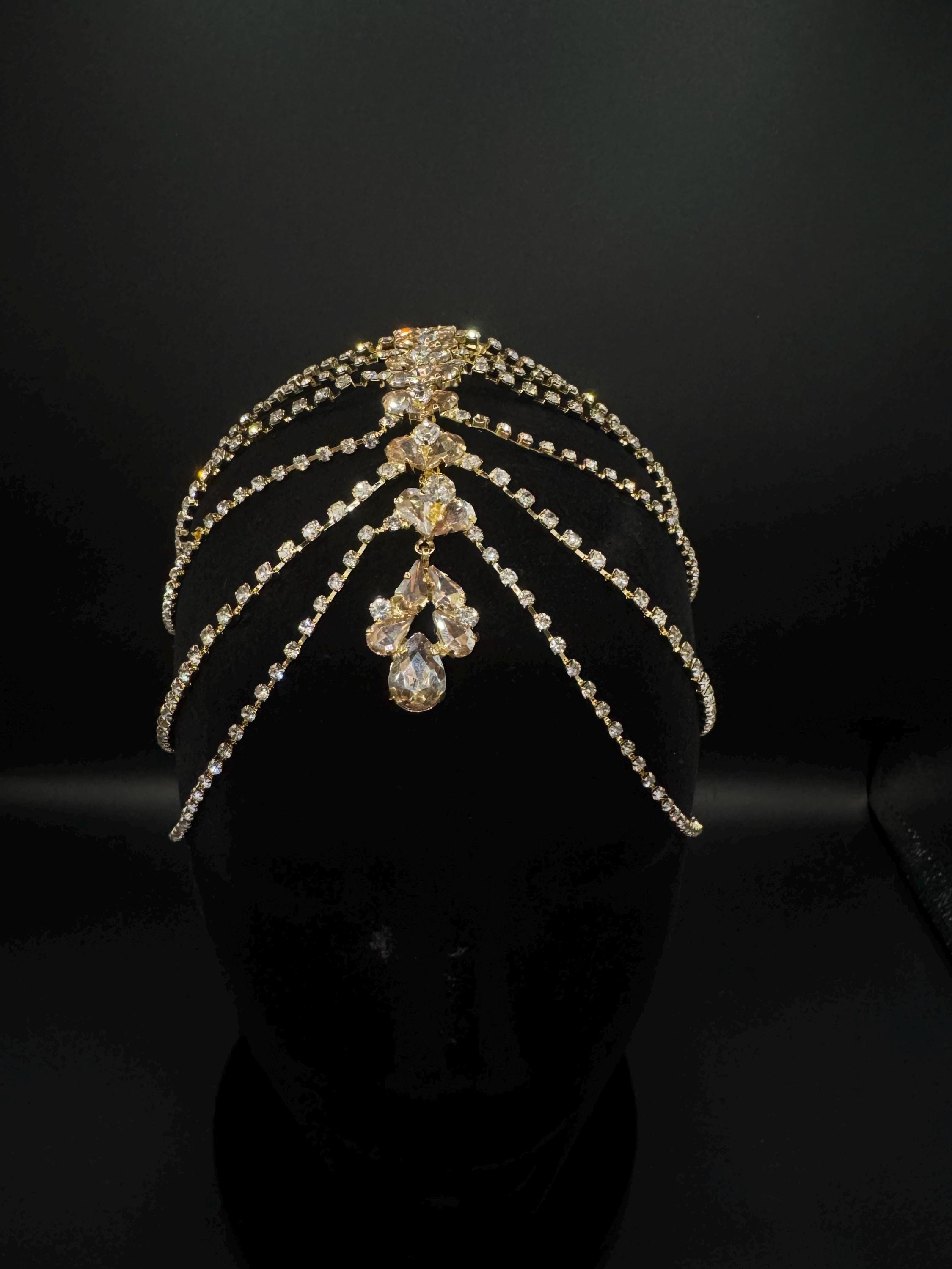Gold Crystal Forehead Tiara – Vintage Bridal Headpiece, Rhinestone Head ...