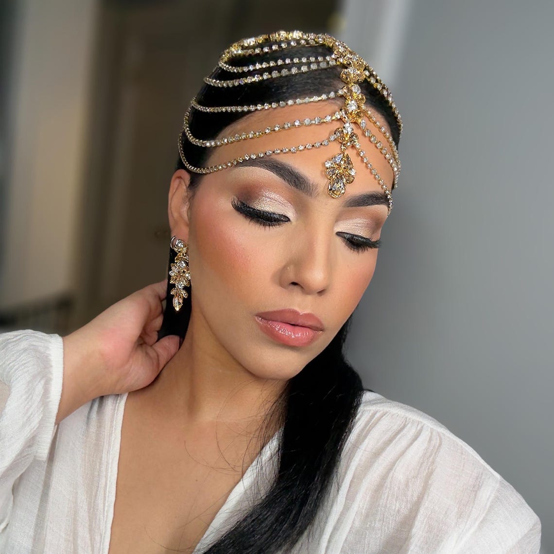 Gold Crystal Forehead Tiara – Vintage Bridal Headpiece, Rhinestone Head ...