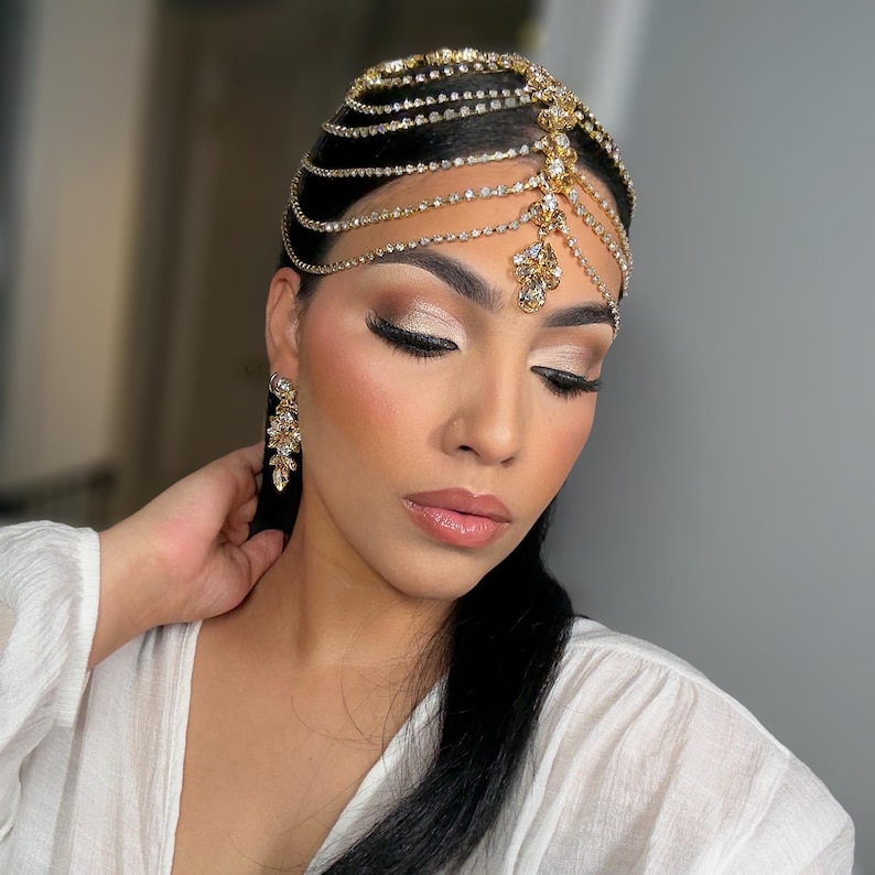 Gold Crystal Forehead Tiara – Vintage Bridal Headpiece, Rhinestone Head ...