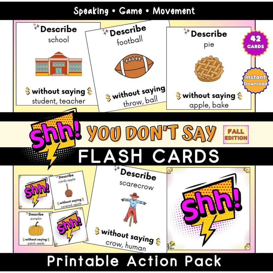 Fall Vocabulary Card Game: 'shh! You Don't Say' Flashcards (printable ...
