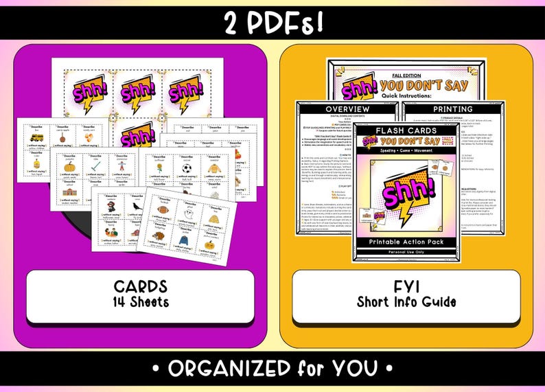 Fall Vocabulary Card Game: 'shh! You Don't Say' Flashcards (printable ...