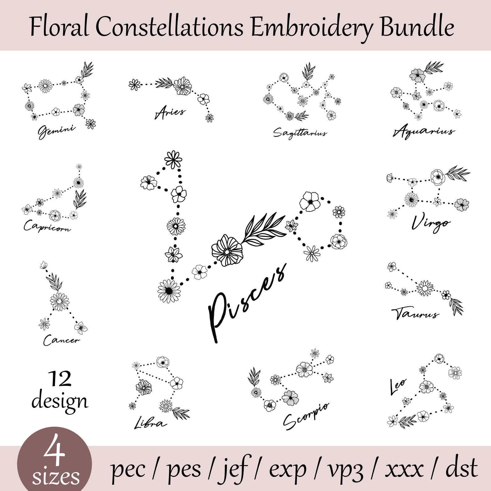 Floral Constellations Embroidery Design Bundle 12 Designs in 5 Sizes ...