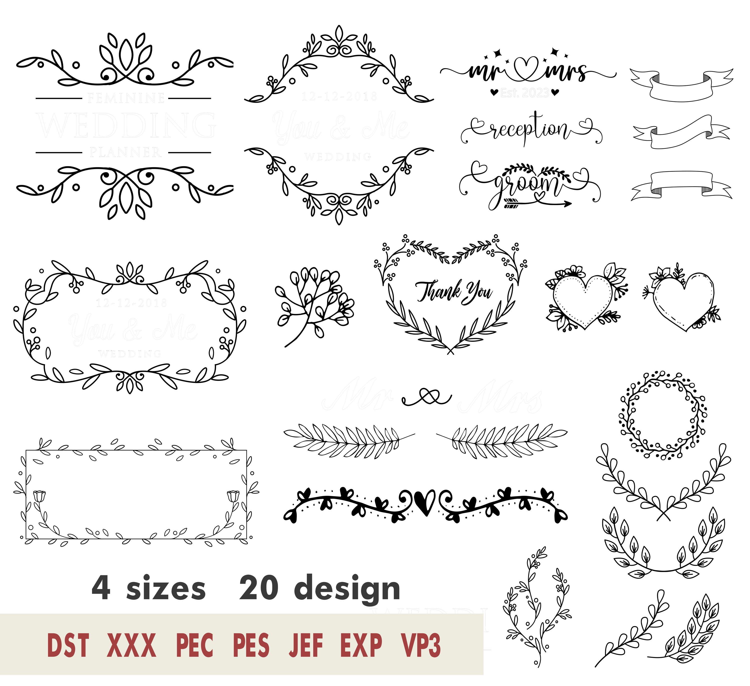 Wedding Embroidery Design Bundle – 20 Romantic Mr & Mrs, Floral Frame ...